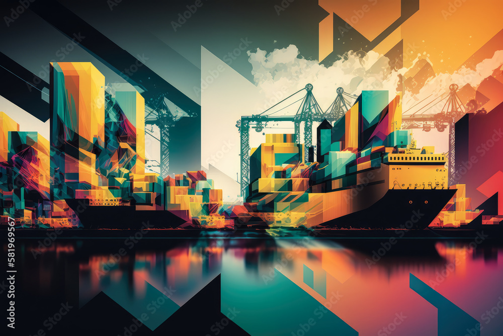 Colorful abstract illustration of a shipping container terminal with ...