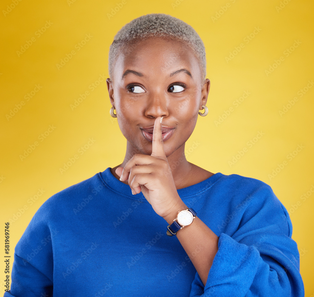 Secret, face and black woman with finger on lips in studio, background ...