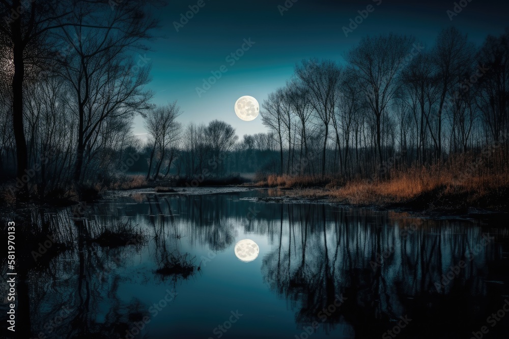 SUPER FULL MOON NATURE LANDSCAPE IN MAGICAL BLUE NIGHT REFLECTED IN ...