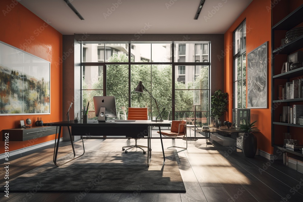 a modern, vibrant office with a glass desk, abstract art, floor-to ...