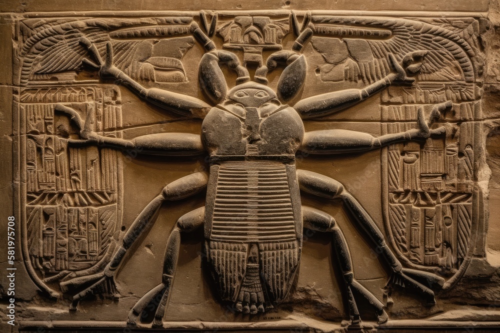 On the entryway of the Edfu temple is a carving of a flying scarab ...