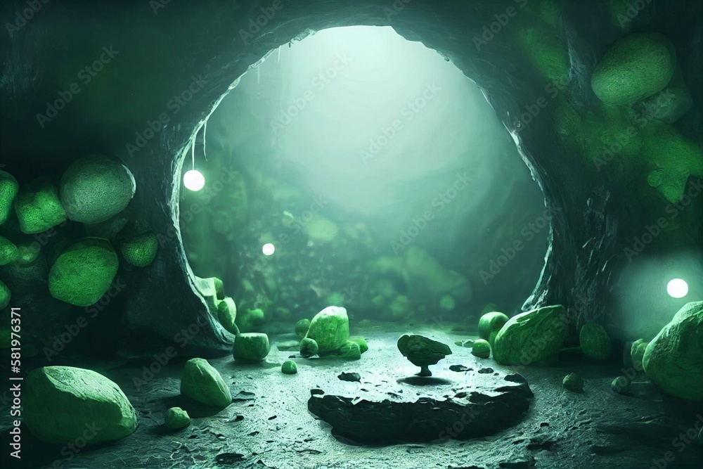 Concept art cave with an alien nest. Inside a dark strange wet stone ...
