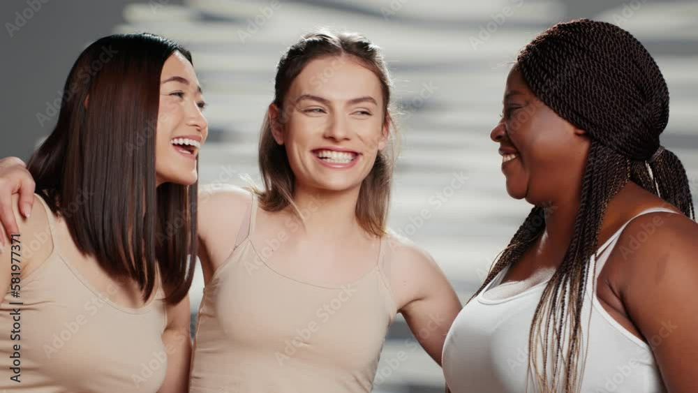 Curvy Skinny Interracial Models Filming Body Positivity Ad Expressing