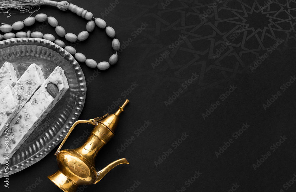 The top picture shows Islamic sweets with a golden jug with a rosary ...