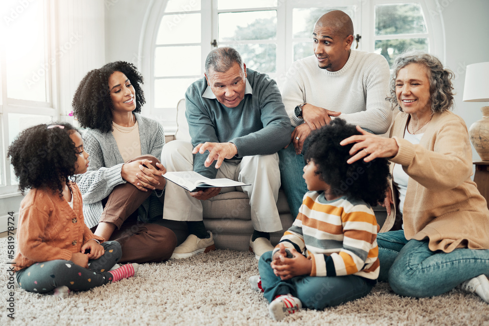 Family relax, generations with fantasy and reading book, grandparents ...