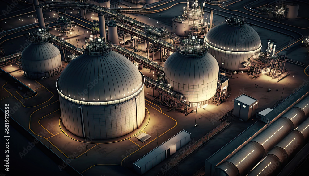 Aerial top view of factory station, oil fuel storage tank, petroleum ...