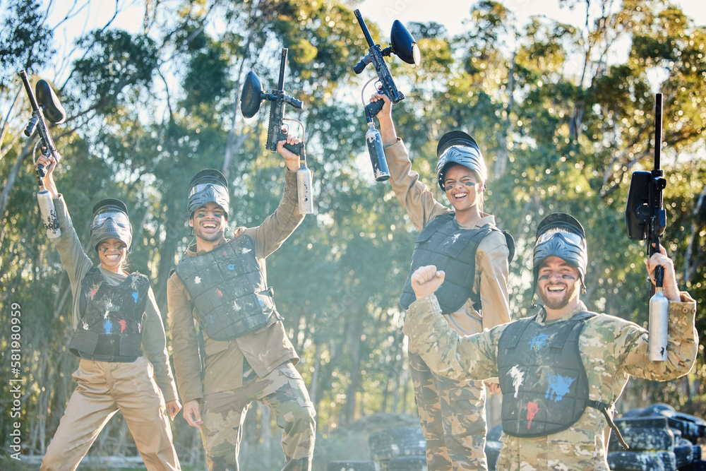 Team, paintball and portrait in celebration for winning, victory or ...
