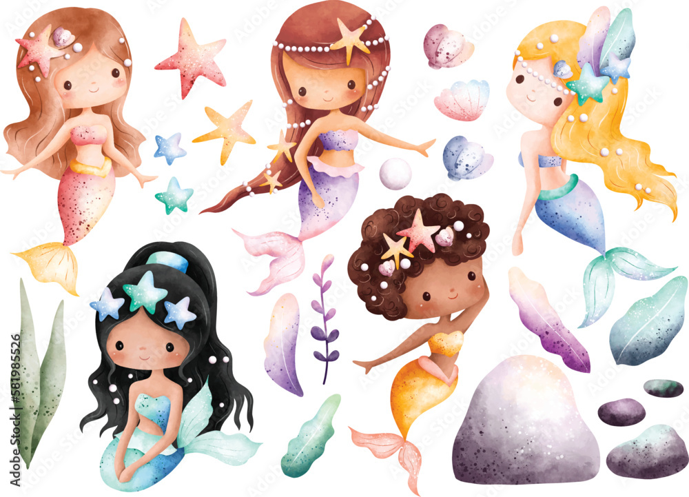 Watercolor Illustration set of cute mermaid and elements Stock Vector ...