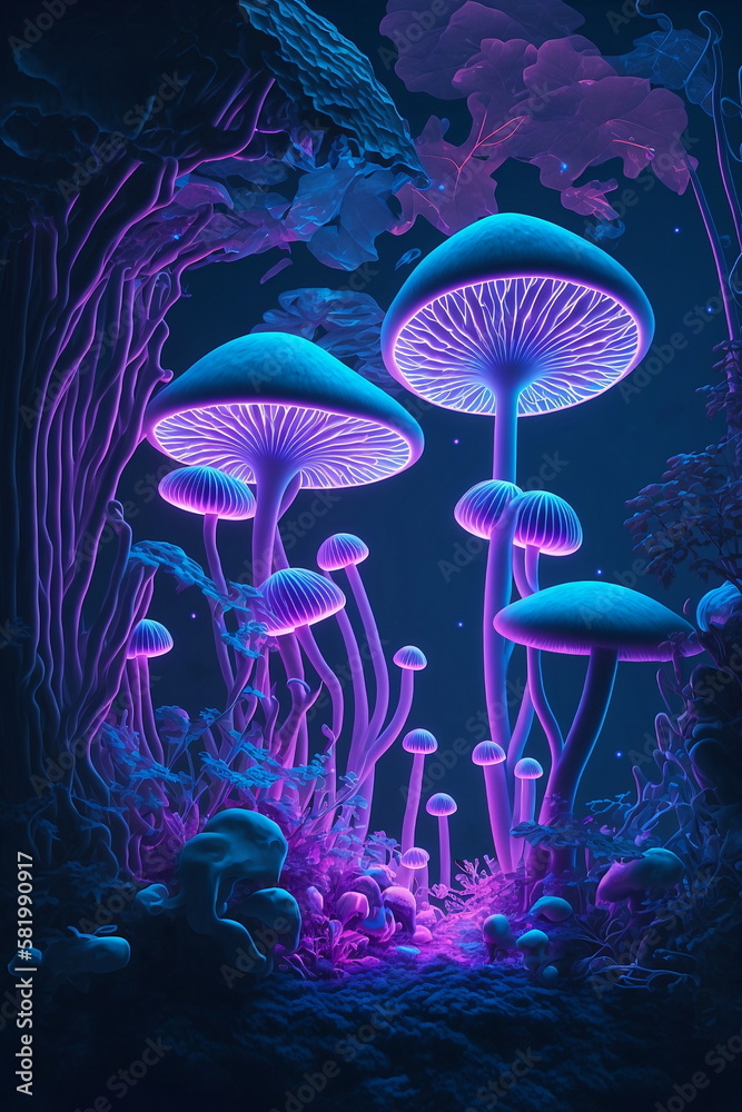 Neon Mushrooms in a magical forest, purple and blue wild mushrooms in a ...