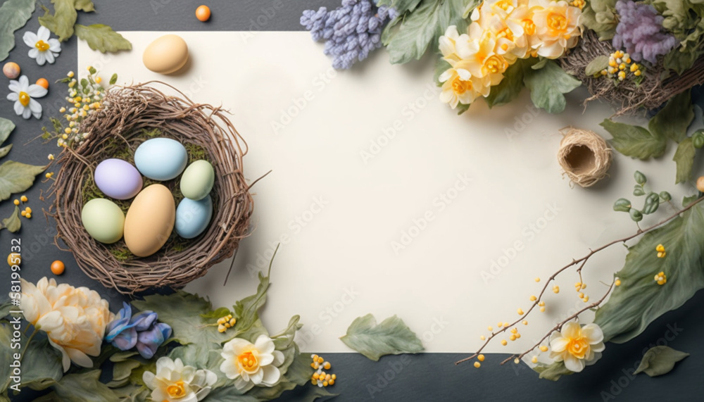 easter eggs and nest background with spring flowers, Easter Background ...