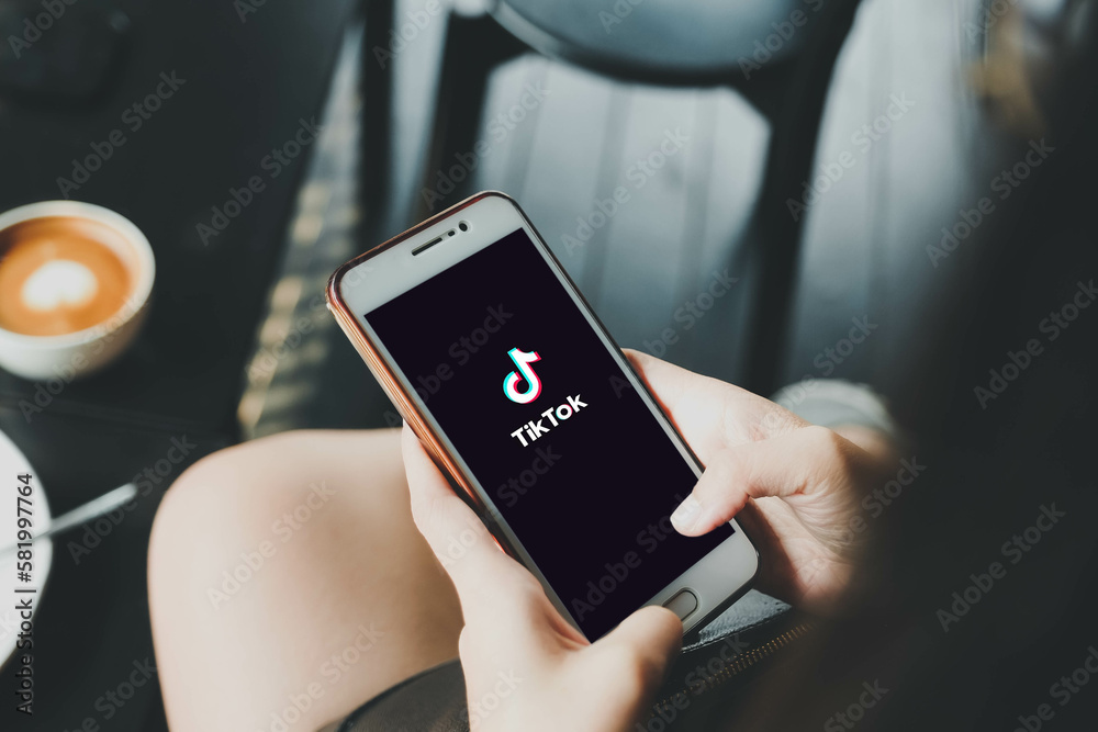 Bangkok. Thailand. MAR 17,2023 : woman using Phone showing Tik Tok ...