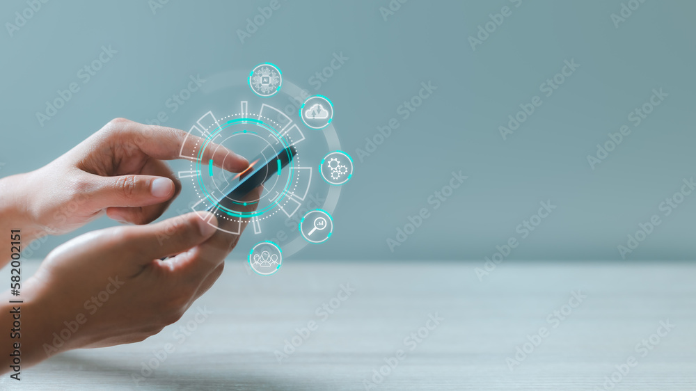 Pointing finger on smartphone of computer coding AI network futuristic ...