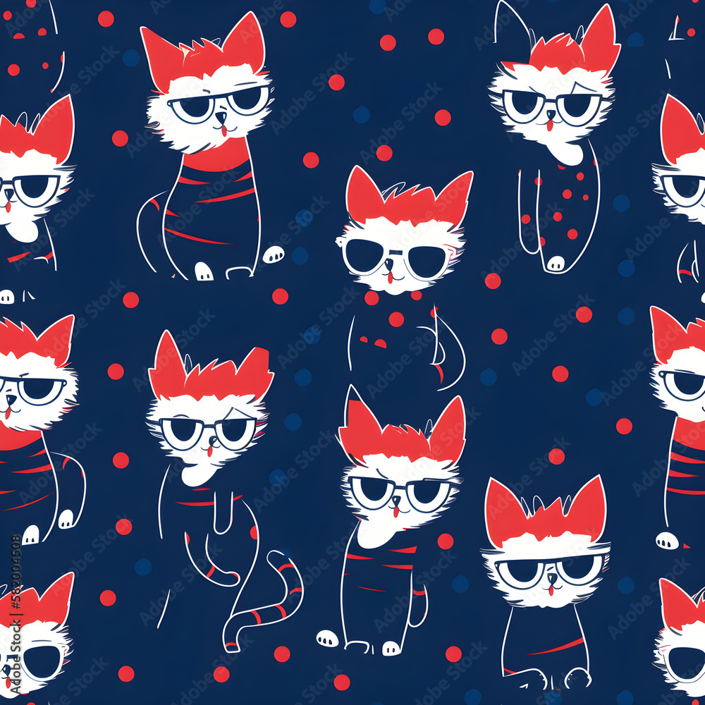 seamless pattern with cats, lofi anime cats wearing sunglasses and with ...