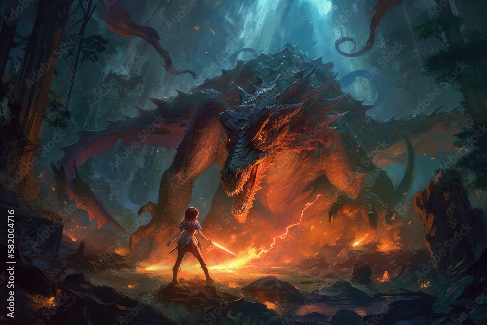 A fantasy scene with a girl battling a flaming dragon is shown in this ...