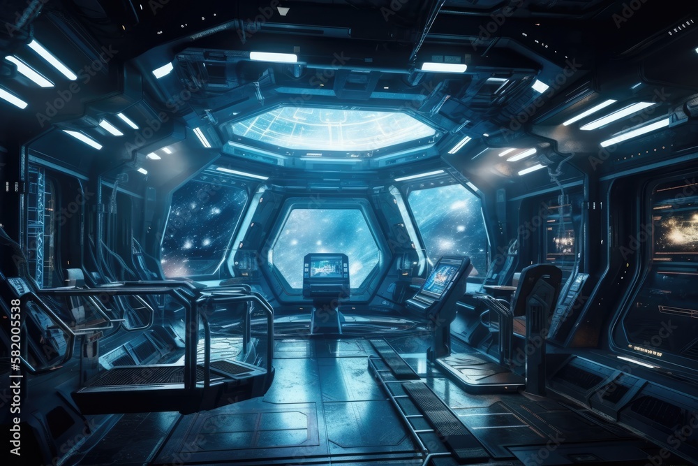 Background of a space station and the universe with blurred lights ...