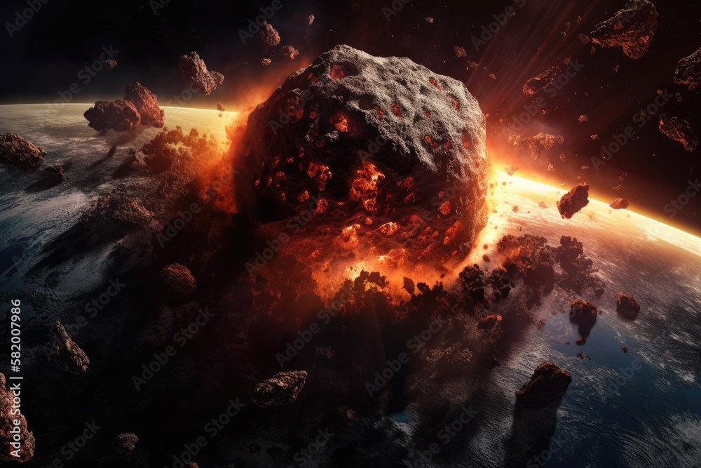 Death of the world, judgment day, and asteroid collision. A group of bursting, flaming asteroids ...