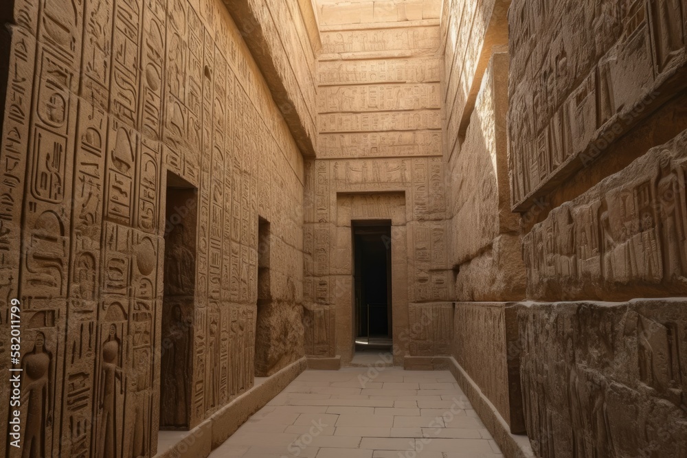 Ancient Egyptian temple's external walls have engravings in the form of ...
