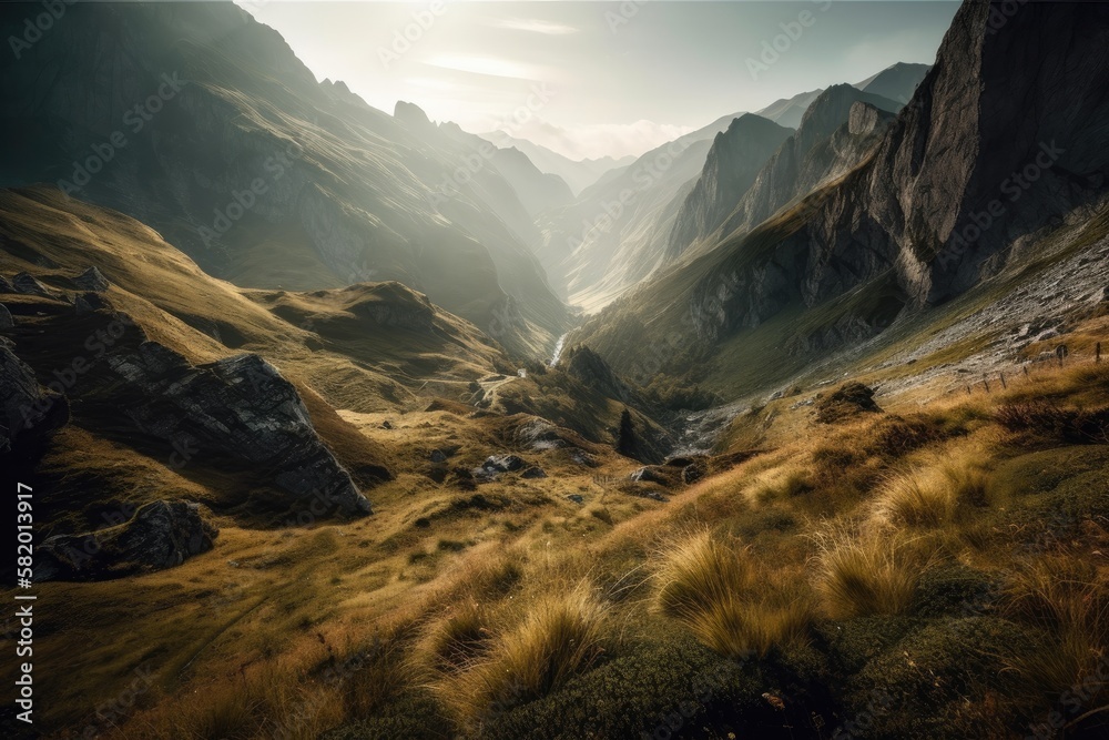 Beautiful mountain scenery. The sun's rays peaked through the clouds in ...