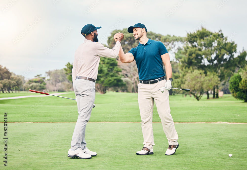 Friends, men and shaking hands on golf course for sports, trust or ...
