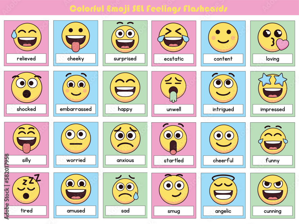 Colorful Emoji Feelings Flashcards to understand the feeling, kids ...