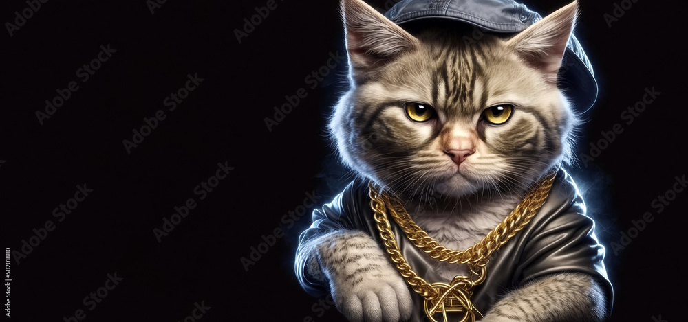 successful rapper boss with cat head in gangsta style with gold chains ...