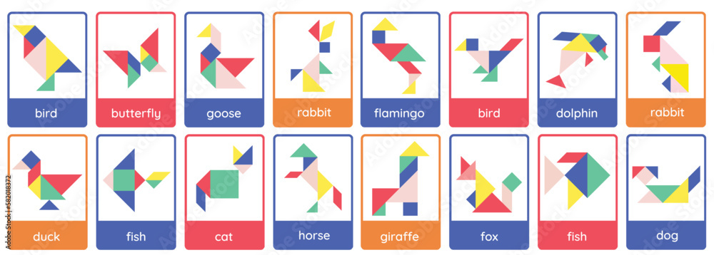 Colorful Fun Tangram Animals Flashcards, kids learning Content ...