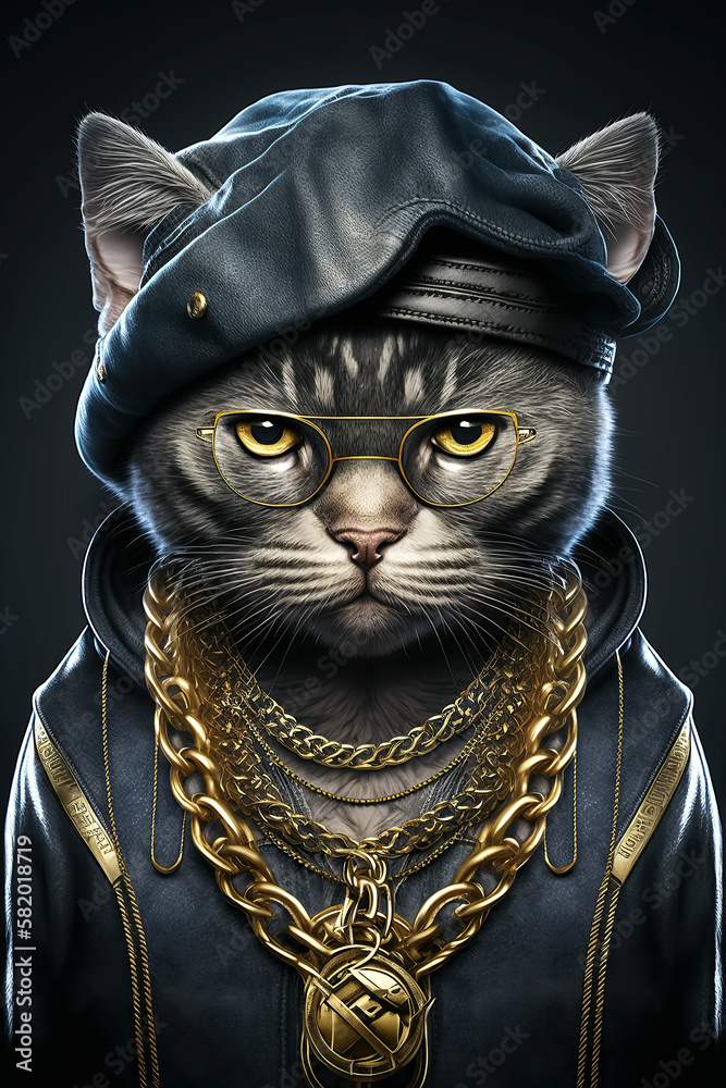successful rapper boss with cat head in gangsta style with gold chains ...