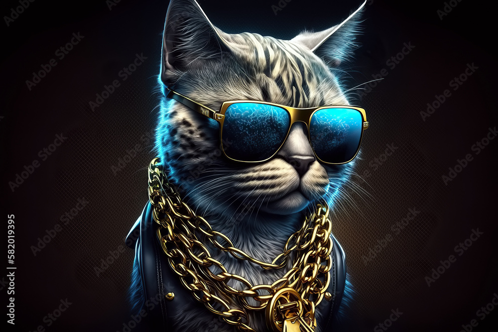 cat gangsta rapper in sunglasses and gold chains. Thug life concept ...