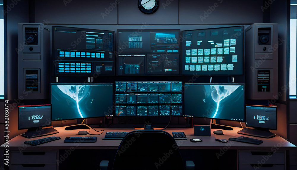 Technologically Advanced Computer Room. Multiple Monitors. Generative ...