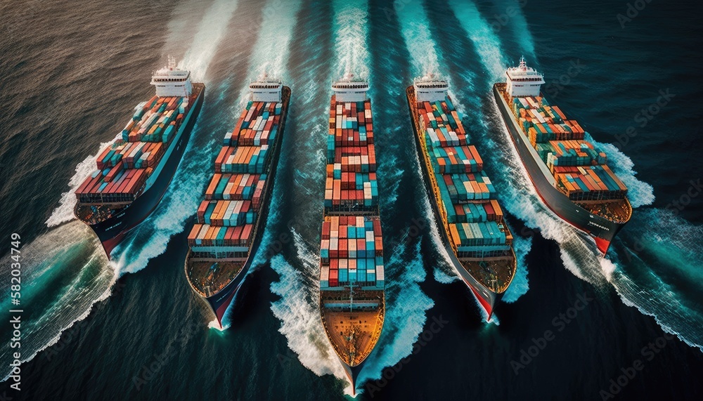several container ships in the vast ocean, illustrating the concept of ...