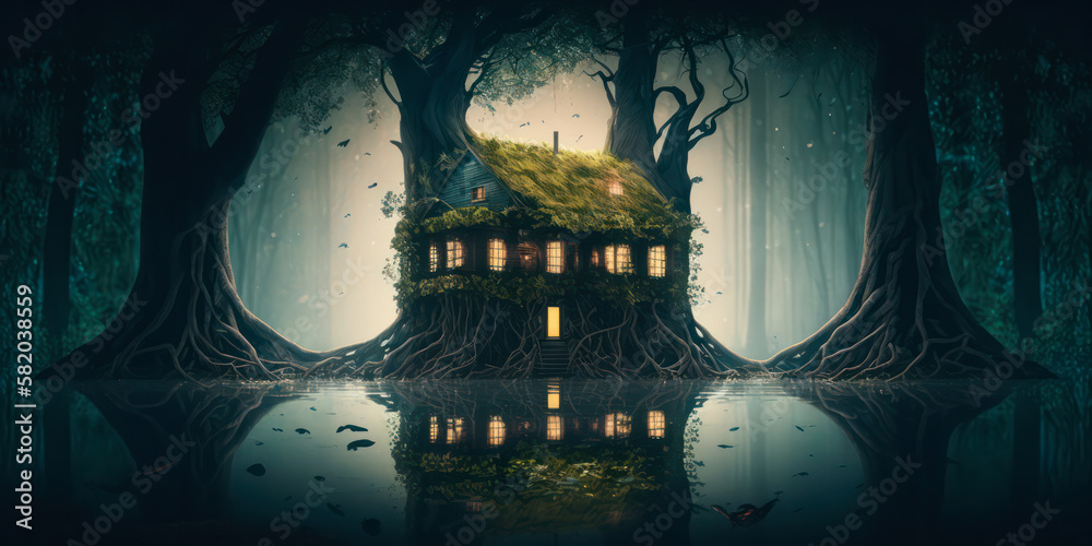 A house in a tree surrounded by a flooded swamp, mysterious overgrown woods with light piercing ...