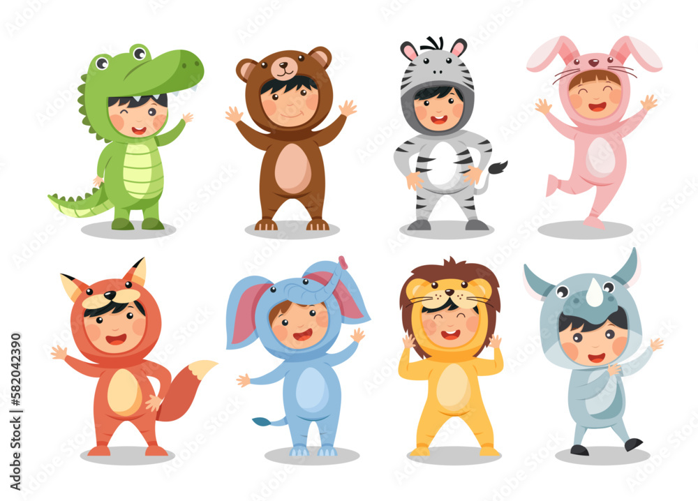 Set of happy children is wearing animal costumes . Crocodile Bear Zebra ...