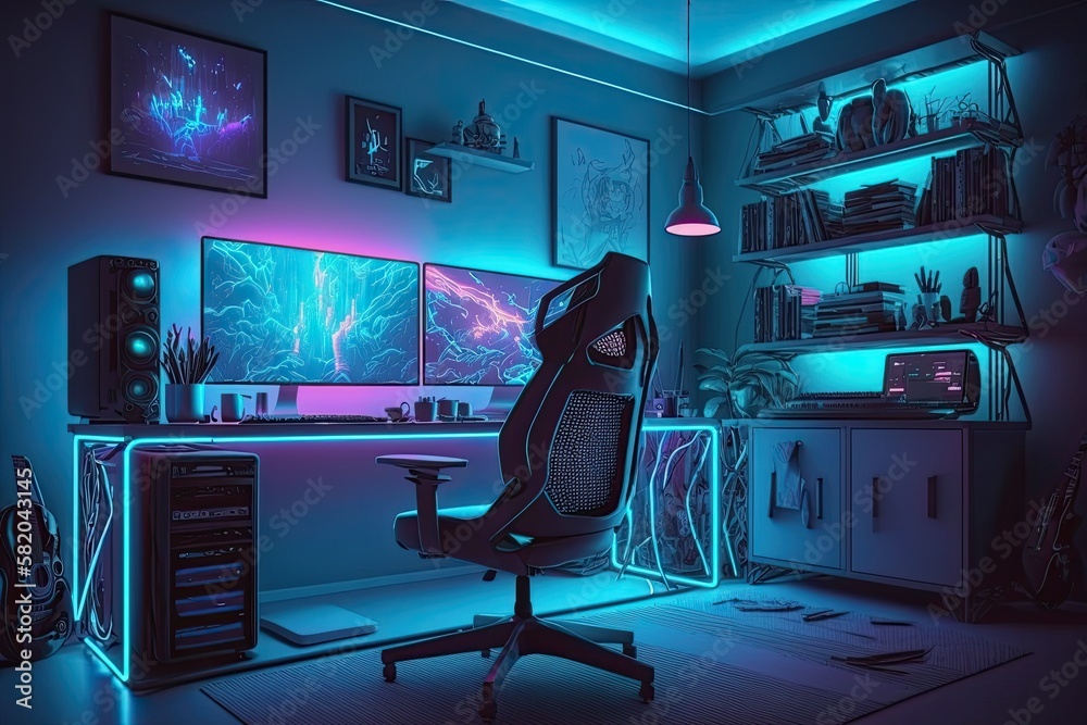 professional place streamer video gamers blue and purple neon lights ...