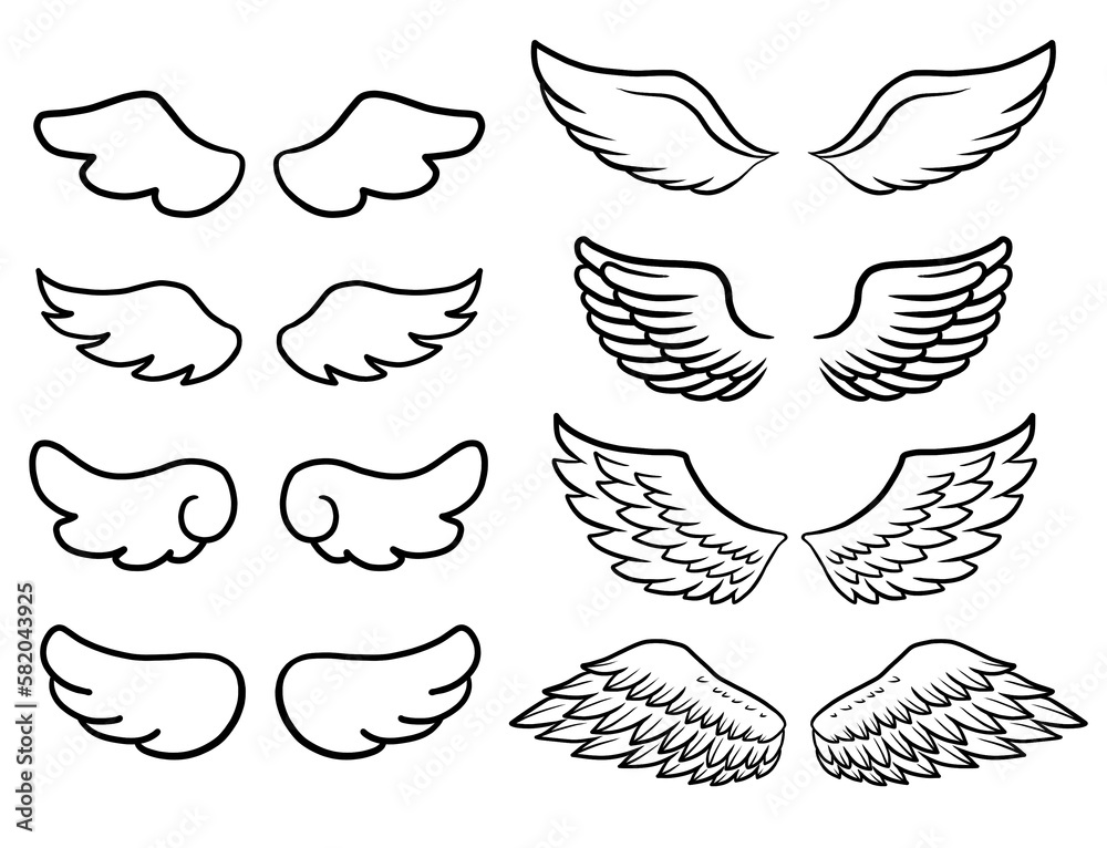 Wing line illustration set drawn with the black pen, 검정 펜 으로 그린 날개 선 ...