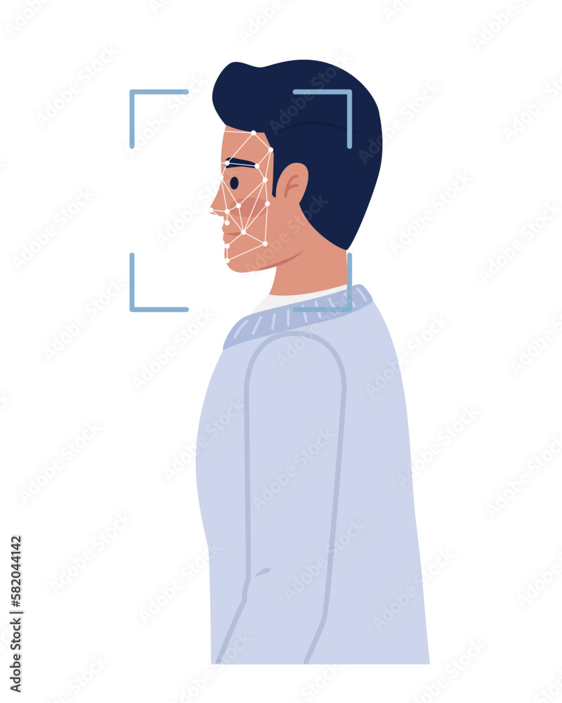 Scanning man face semi flat color vector character. Employee attendance ...