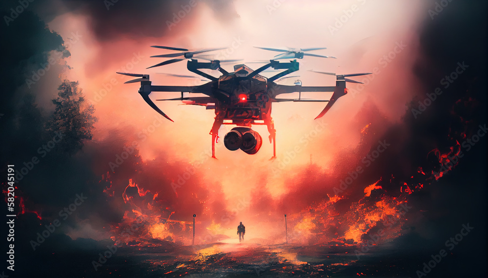 Drone over destroyed post-apocalyptic city background, ai generated ...