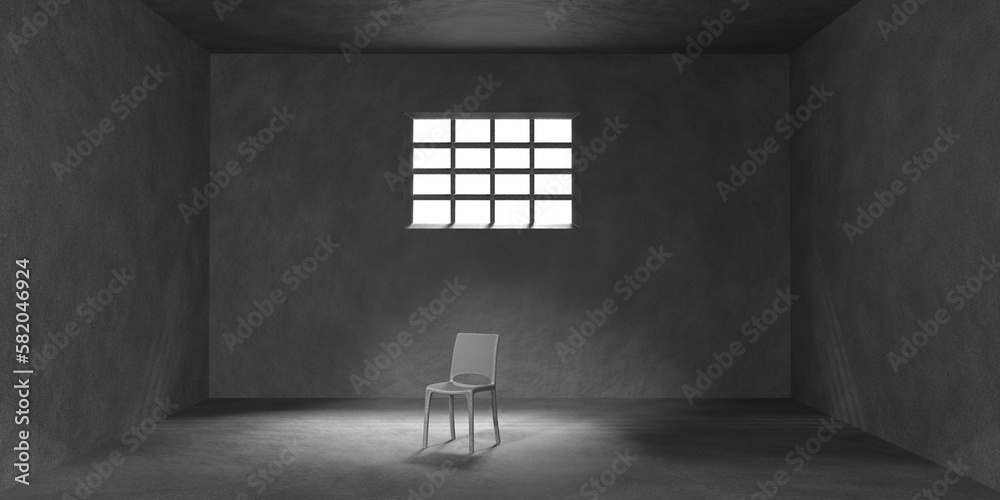 Dark prison cell with chair, barred window and sunlight on floor 3d render. Interior empty jail ...