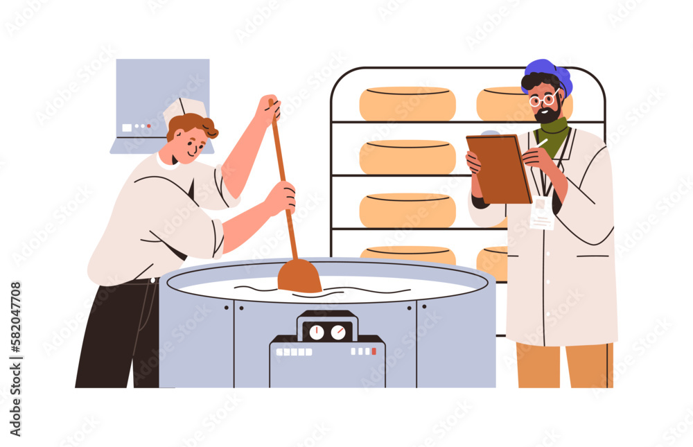 Cheesemaker making cheese. Food maker during dairy product production ...