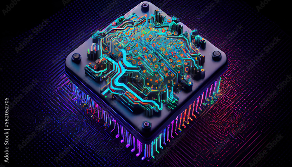 Central computer AI processors CPU on motherboard, futuristic neon ...