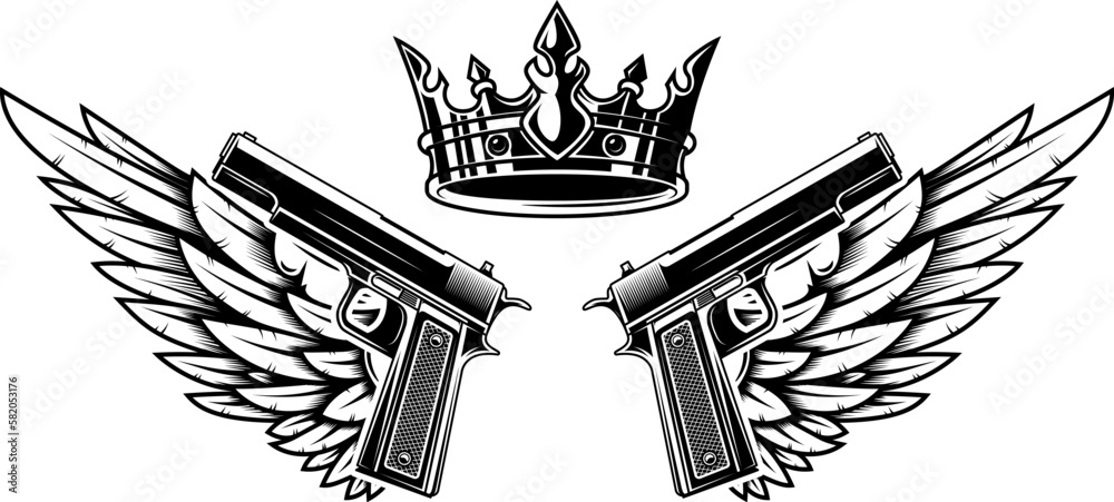 Two guns and wings with king crown. Design element for logo, label ...