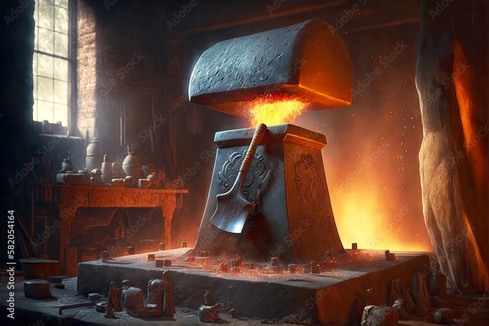 massive anvil with hammer in blacksmith shop against backdrop of ...