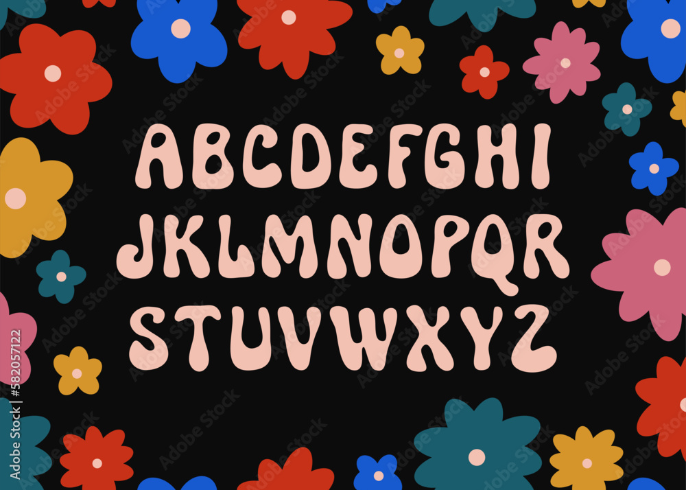 Vector psychedelic alphabet. Groovy psychedelia fun hand drawn font ...