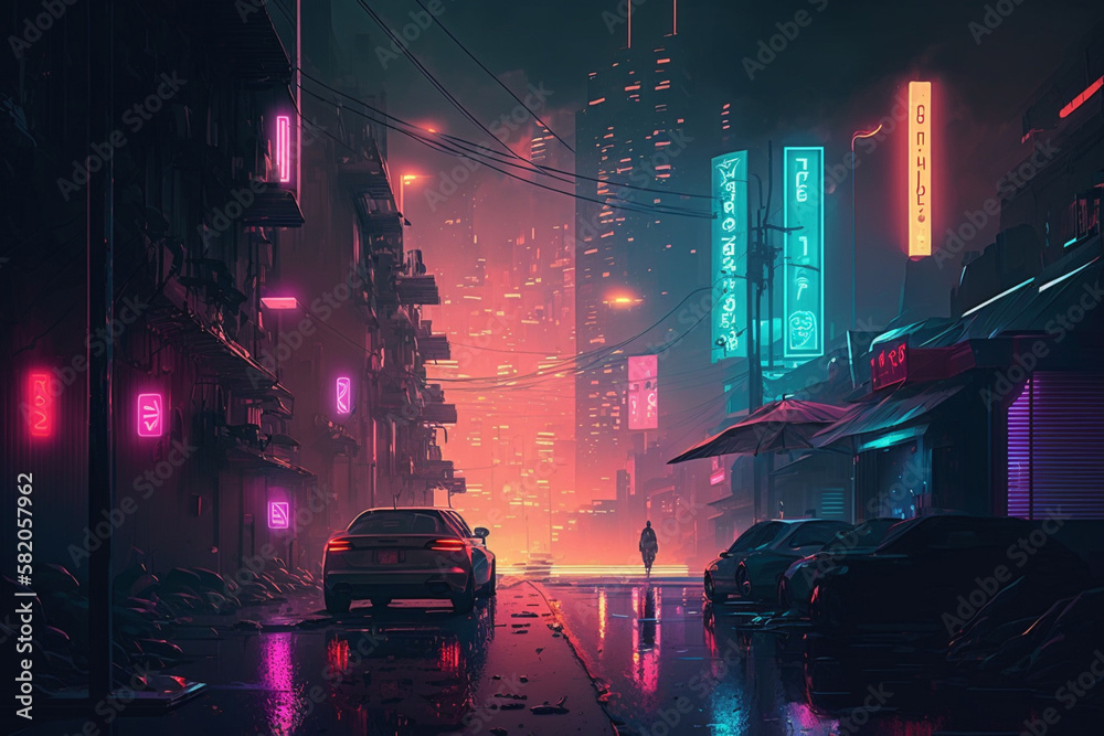 Cyberpunk futuristic cityscape with a neon skyline digital conceptual ...