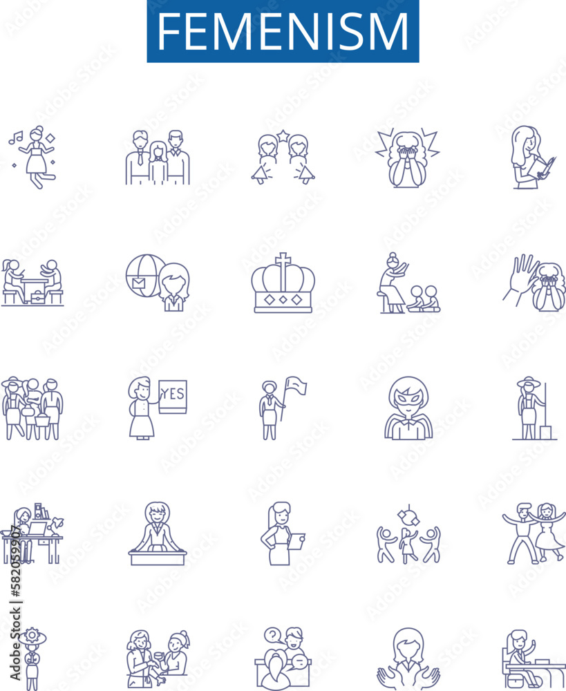 Vetor de Femenism line icons signs set. Design collection of Feminism ...