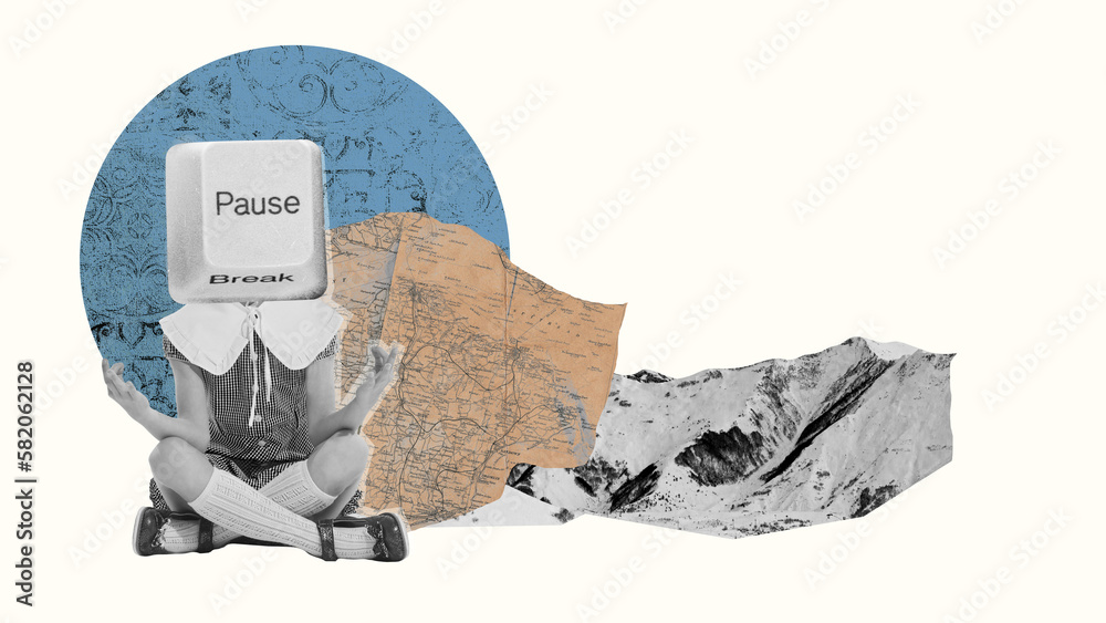 Contemporary art collage. Creative design. Girl with pause keyboard ...