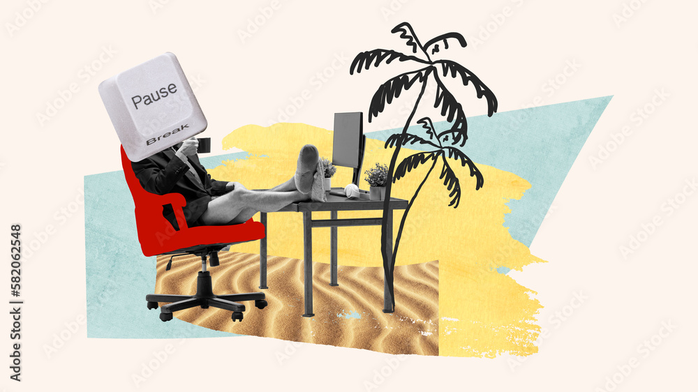 Contemporary art collage. Being on pause. Man, freelancer sitting at ...