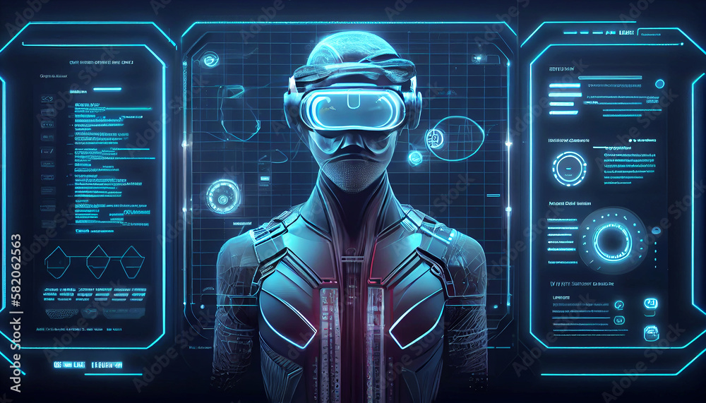 3D render, visualization of a man in virtual reality glasses ...