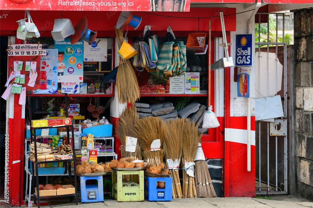local general store, street scene, global brands trademarks, Mahébourg ...