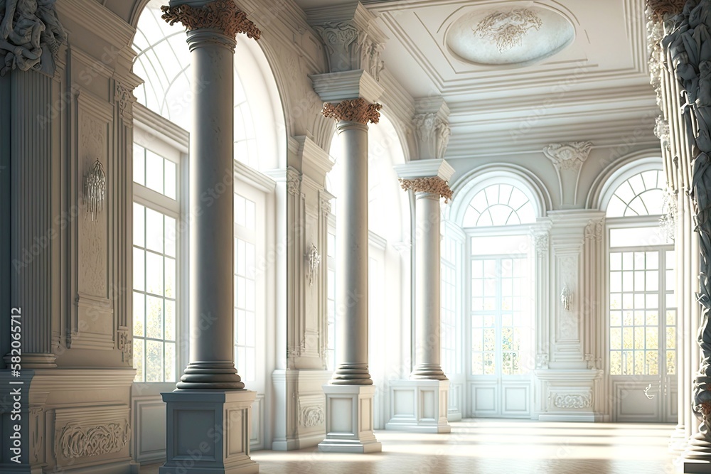 large bright hall in baroque interior with columns and large windows ...