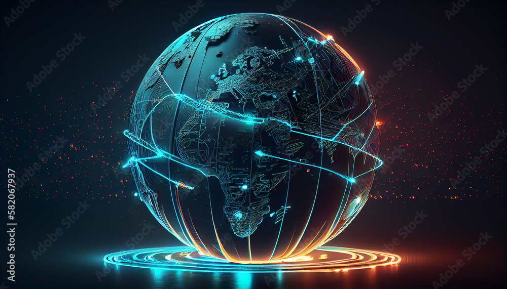 Hi-tech Global Network connection visualization. Futuristic earth globe ...